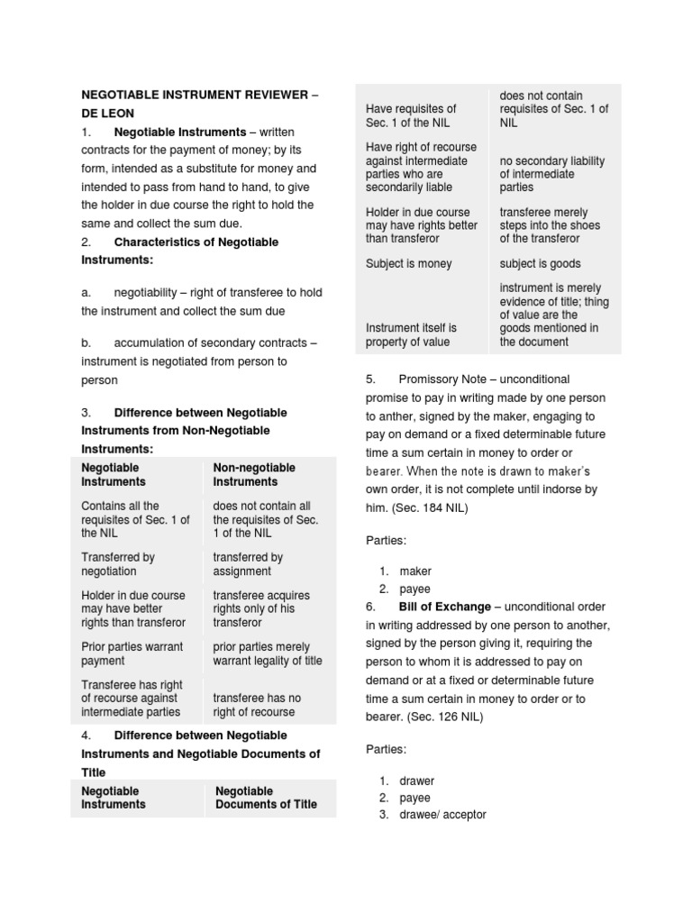 Negotiable Instrument Reviewer De Leon Negotiable Instruments Non