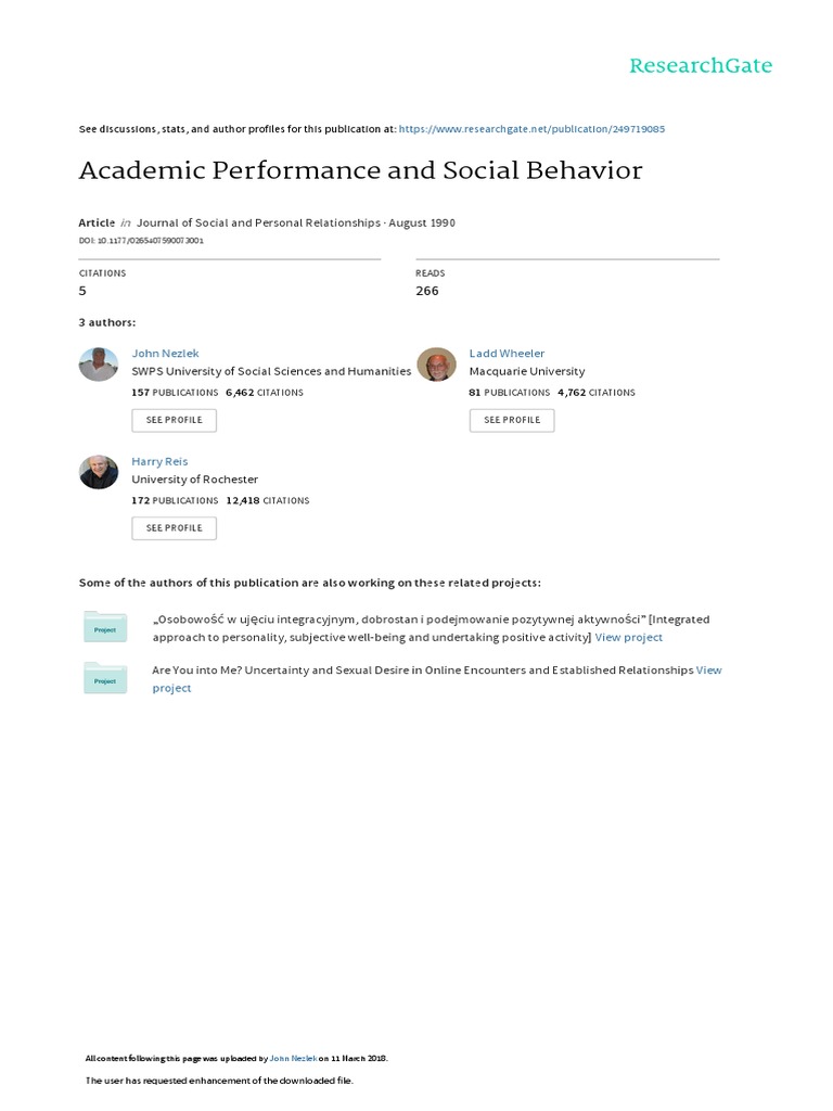 Academic Performance and Social Behavior: Article | PDF | Citation ...