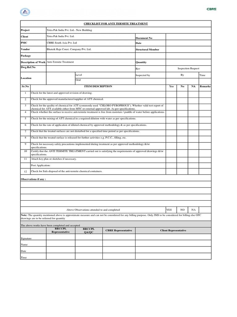Anti-Termite Treatment Inspection Checklist | PDF | Specification ...