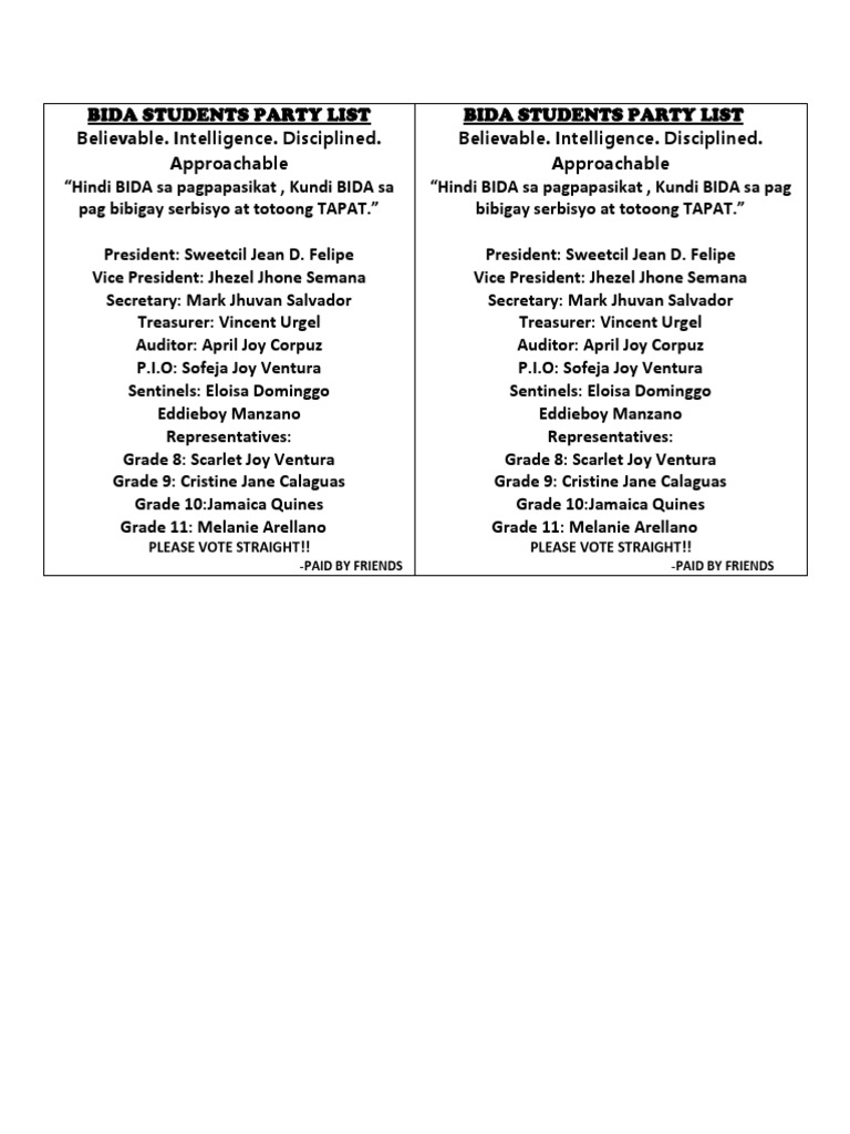 Bida Students Party List Bida Students Party List: Please Vote Straight ...