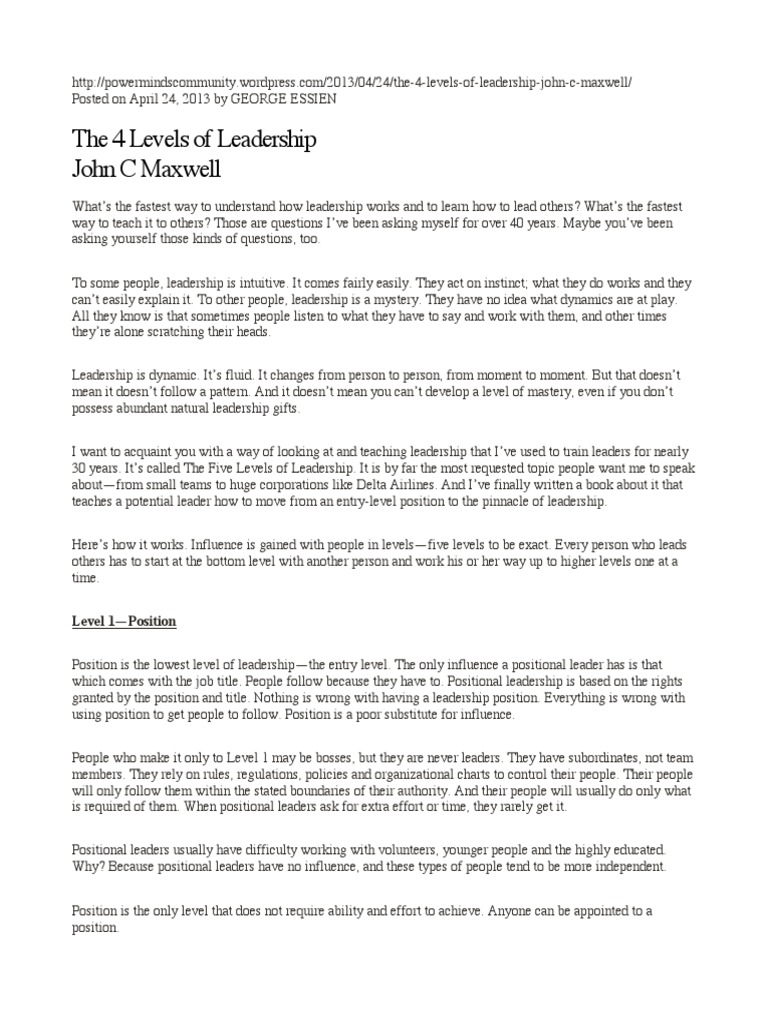 The 4 Levels of Leadership J Maxwell | PDF | Social Psychology | Leadership