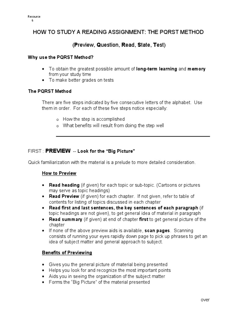 How to Study a Reading Assignment with the PQRST Method | PDF | Memory ...