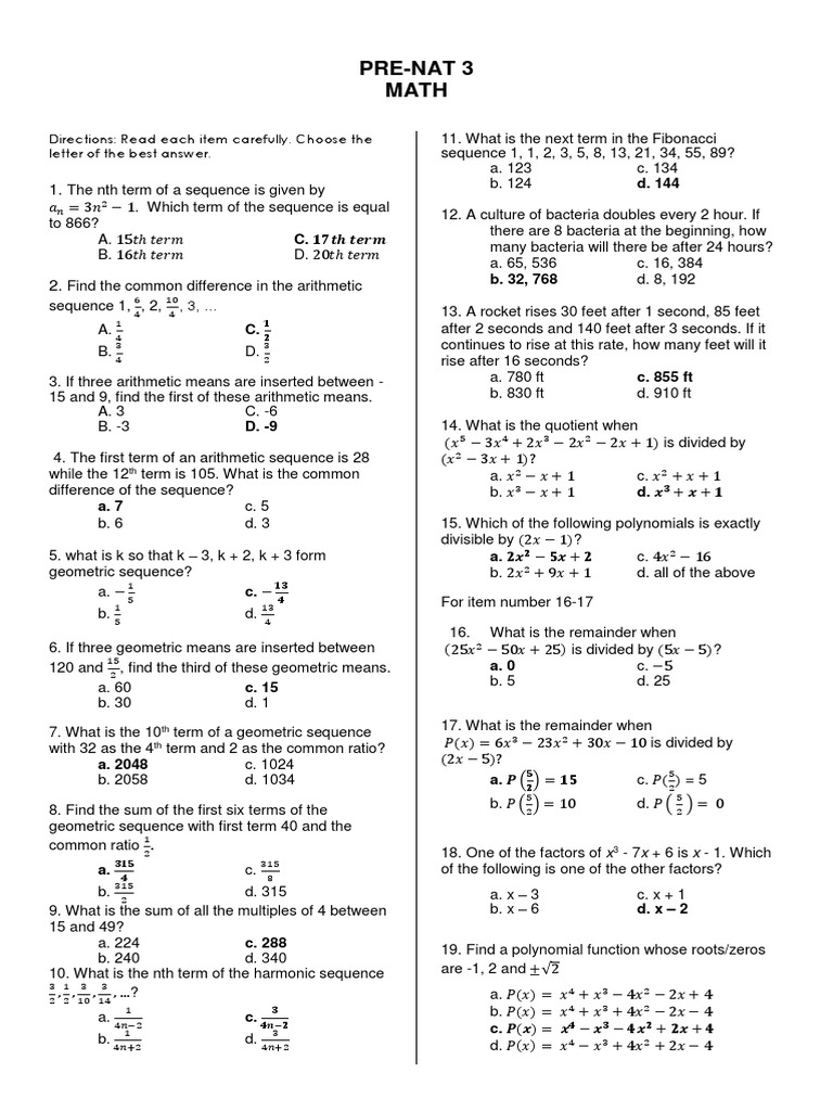 Pre-Nat 3 Math: Directions: Read Each Item Carefully. Choose The Letter ...