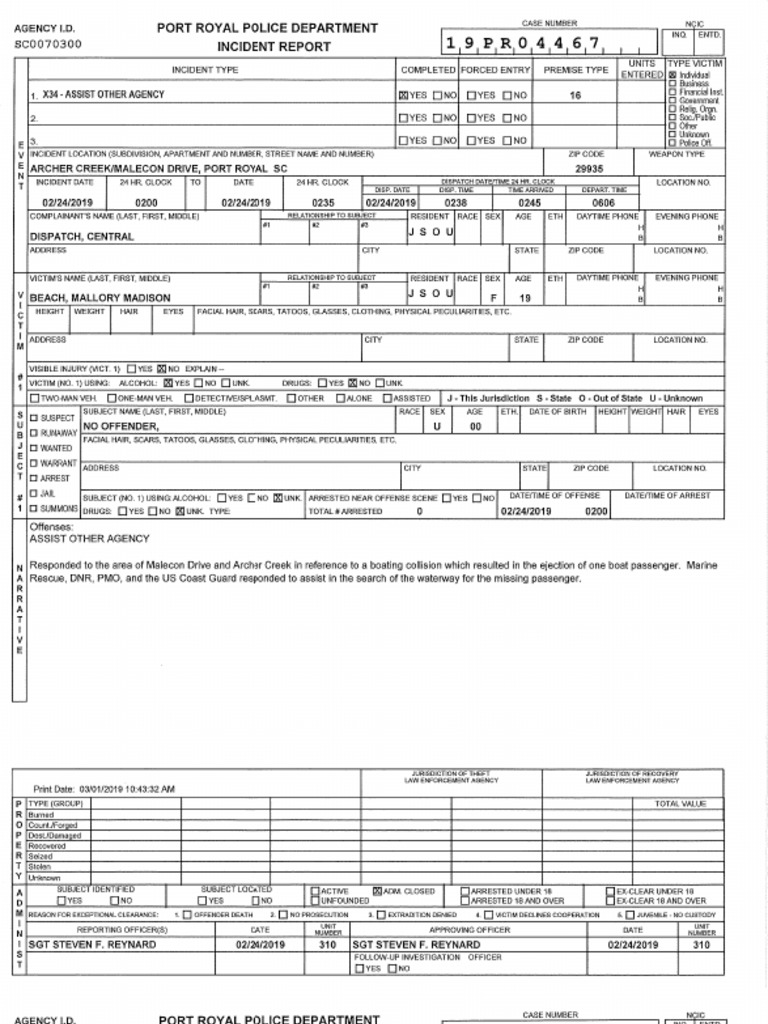 Police Report From Mallory Beach Investigation | PDF