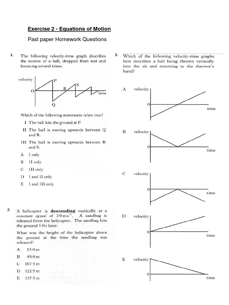 Past Paper Homework Questions: Exercise 2 - Equations of Motion | PDF