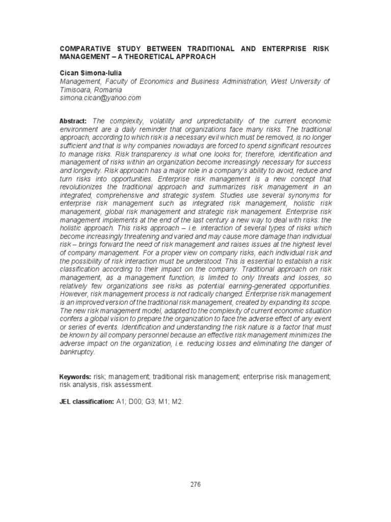 Comparative Study Between Traditional and Enterprise Risk Management ...