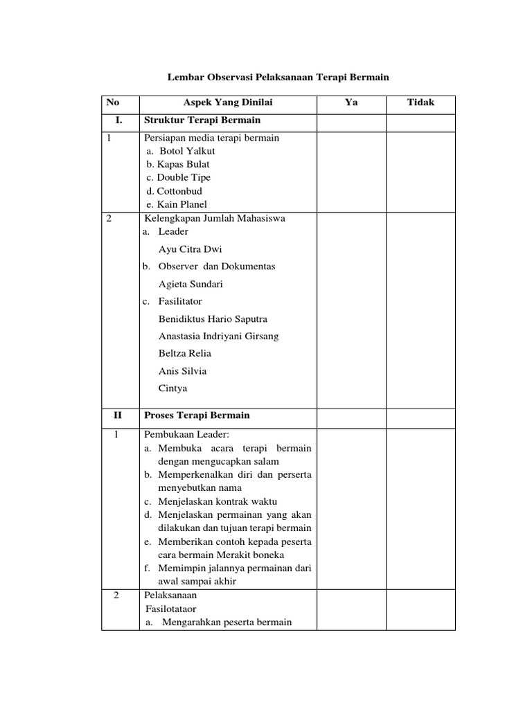 Lembar Observasi Pelaksanaan Terapi Bermain | PDF | Pengembangan Diri ...