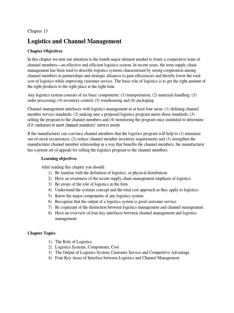 Ch. 13 Logistics and Channel Management | PDF | Logistics | Warehouse