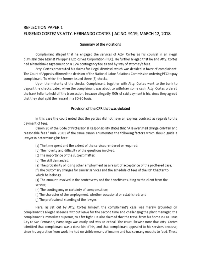 Legal Ethics Violation: Atty. Cortes Case | PDF | Attorney's Fee | Lawyer