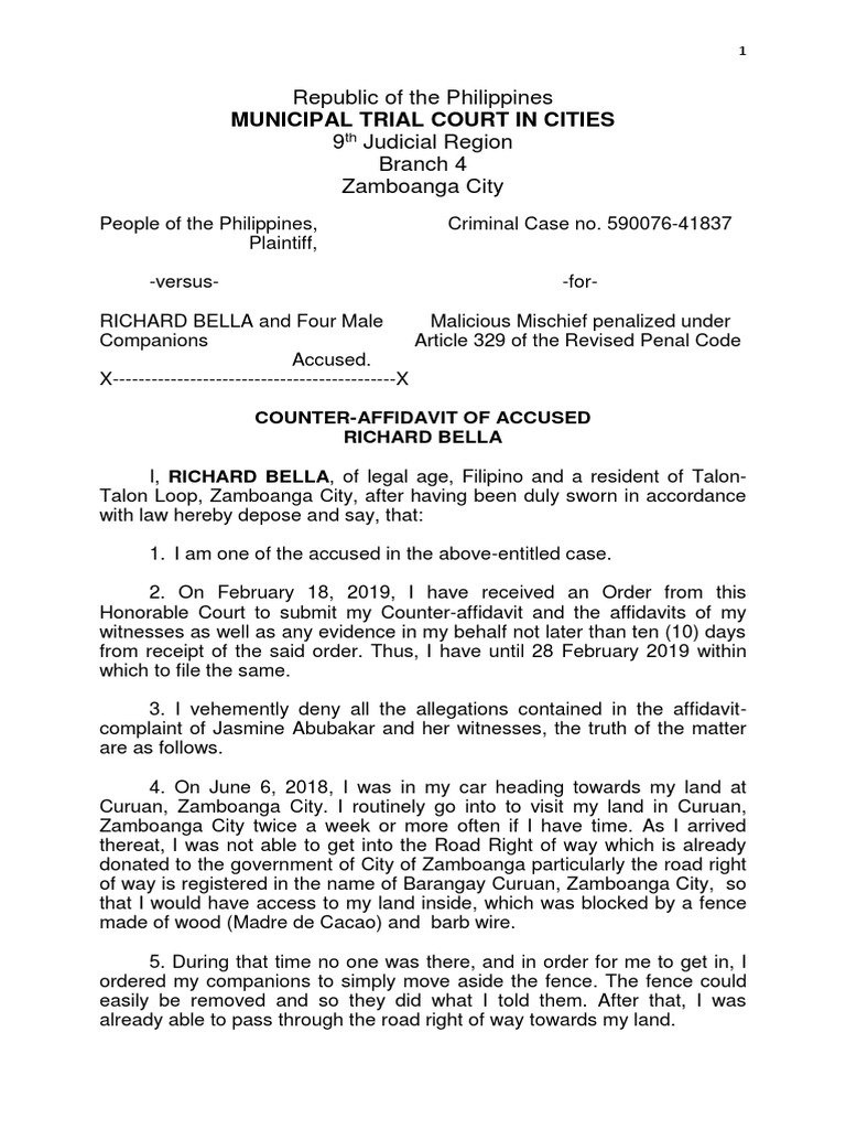 Counter-Affidavit-On Malicious Mischief | PDF | Criminal Law | Justice Counter-Affidavit-On Malicious Mischief | PDF | Criminal Law | Justice
