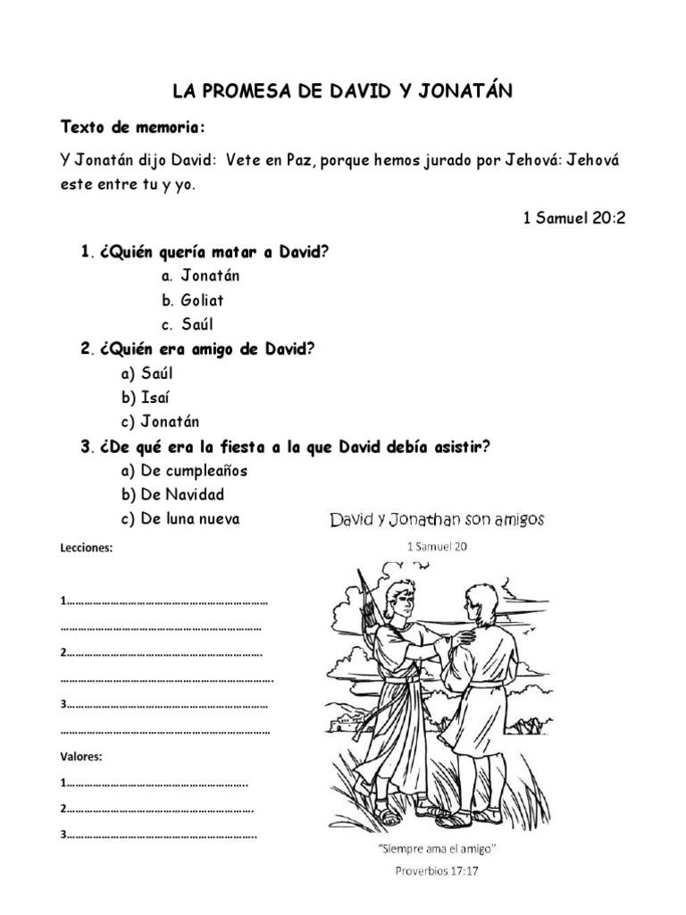 Actividades sobre David y Jonatán para niños | PDF