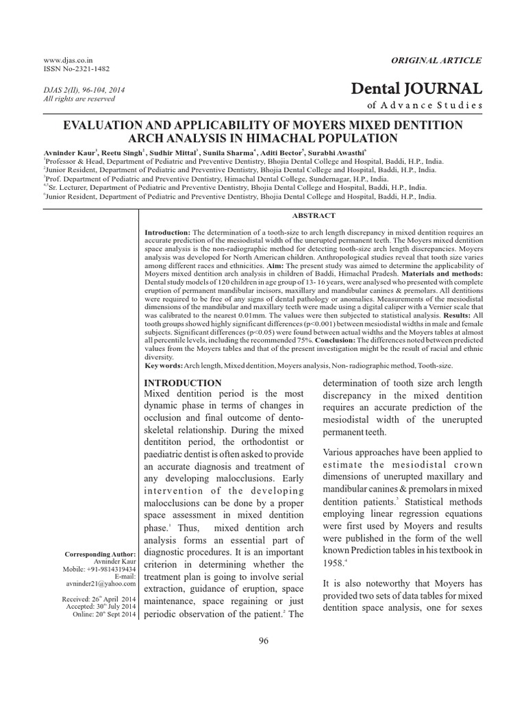Moyers Mixed Dentition | PDF | Tooth | Orthodontics