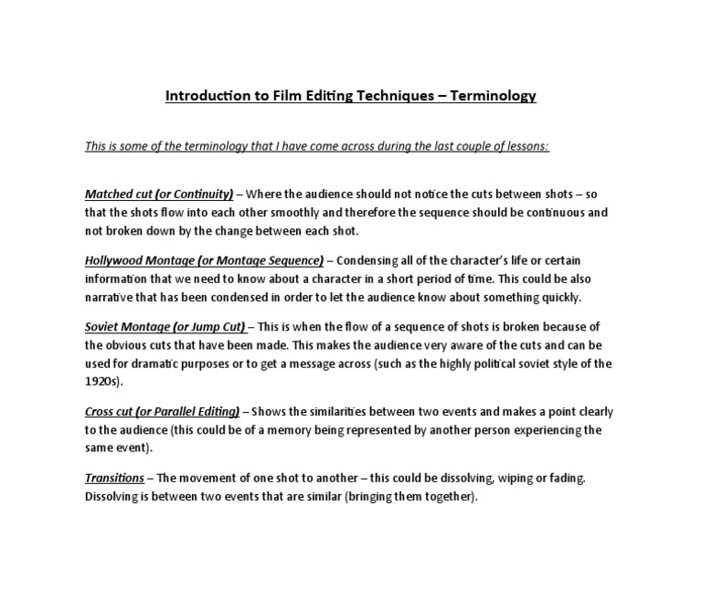 Introduction To Film Editing Techniques | PDF