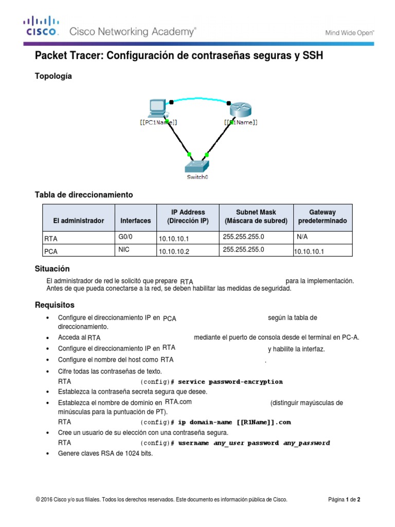 11.2.4.5 Packet Tracer - Configuring Secure Passwords and SSH - PDF READY PDF | PDF | Dirección ...