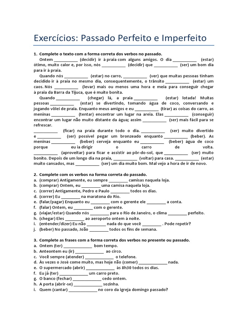 Exercícios - Passado Perfeito e Imperfeito | PDF | Lazer