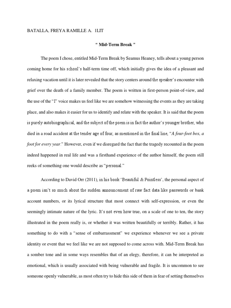 Mid Term Break Poem Analysis | PDF | Grief