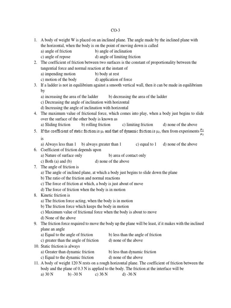 Mechanics Quiz Questions - Co3 & Co-4 | PDF | Friction | Force