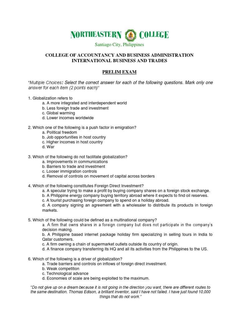 PRELIM EXAM - International Business | PDF | Globalization | Trade