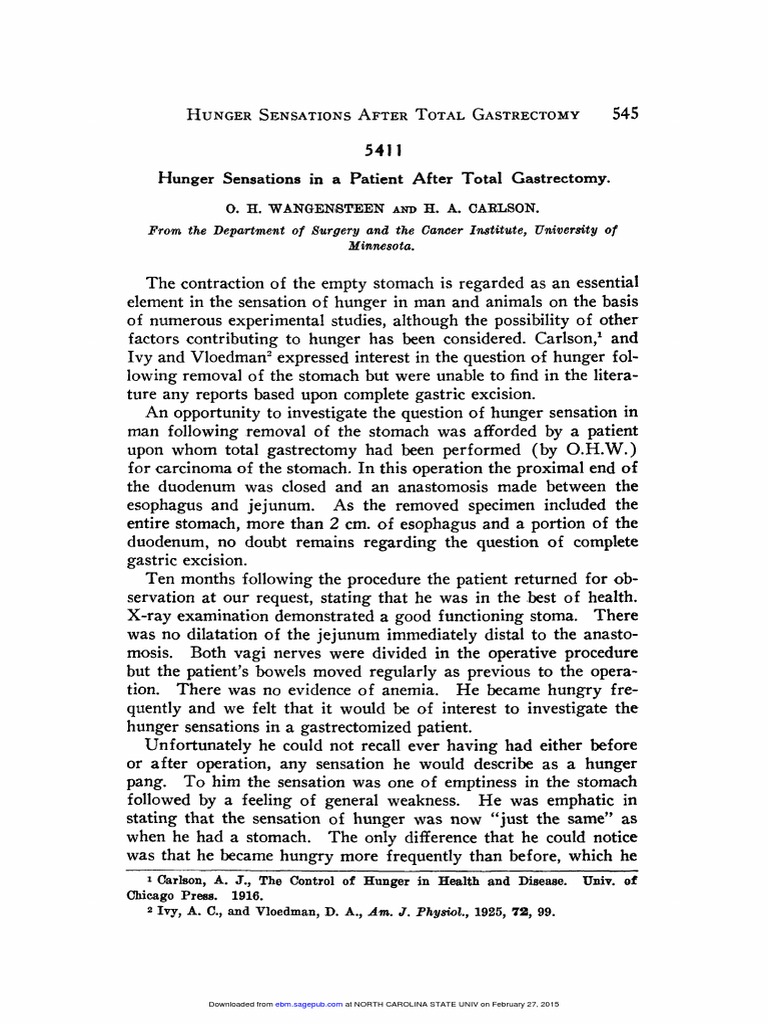 Hunger Sensations in A Patient After Total Gastrectomy | PDF | Stomach ...