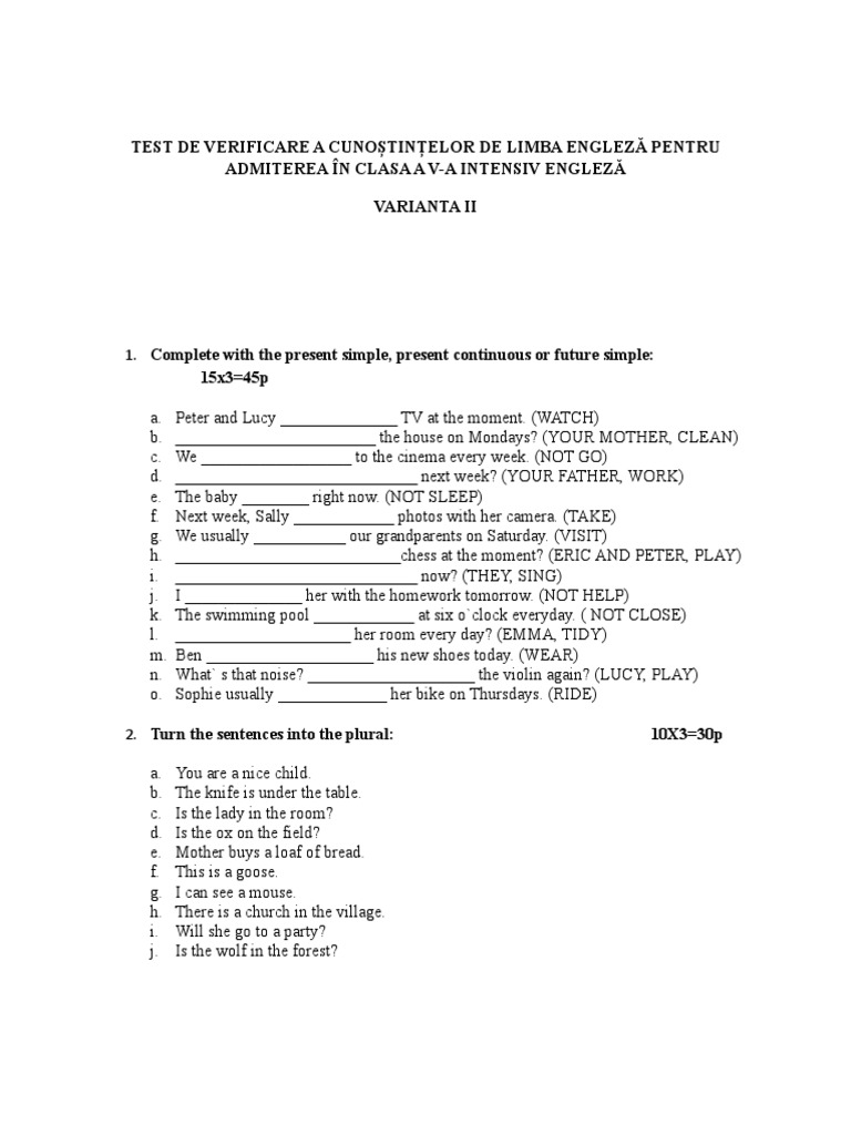 Model Test Limba Engleza Pentru Clasa A Va Intensiv | PDF