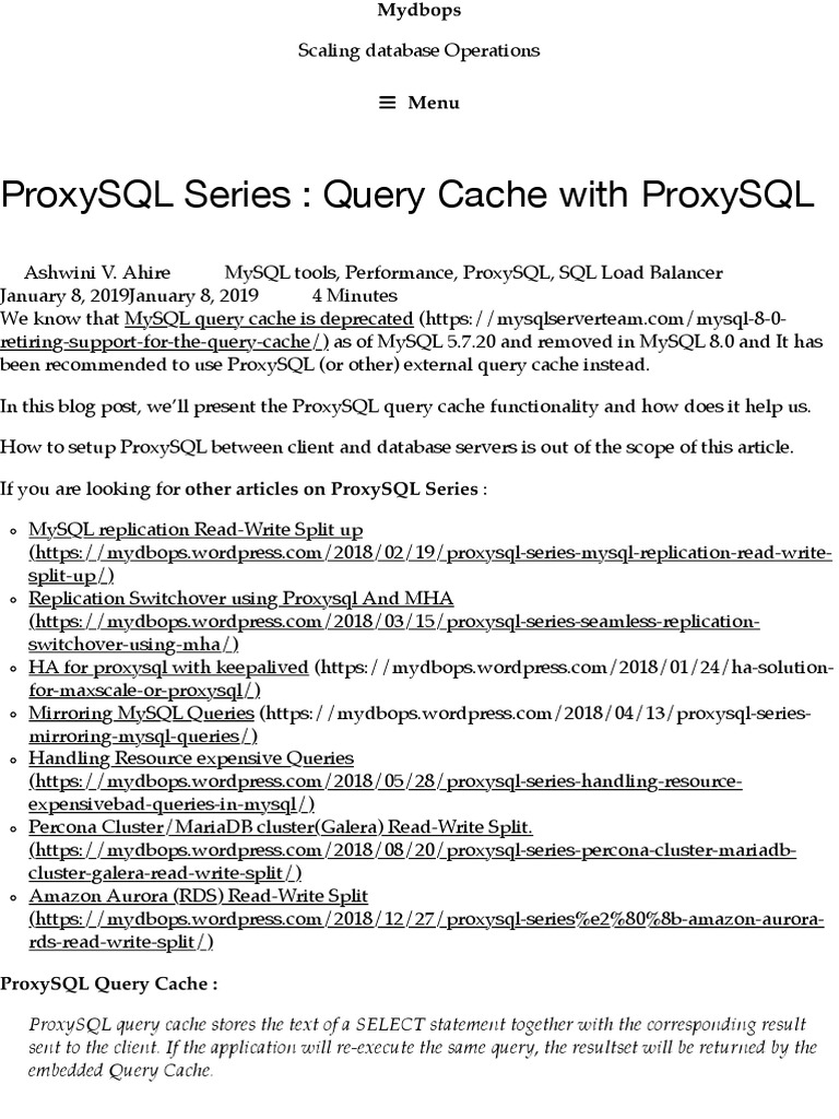 ProxySQL Series: Query Cache With ProxySQL - Mydbops | PDF | Cache (Computing) | Databases