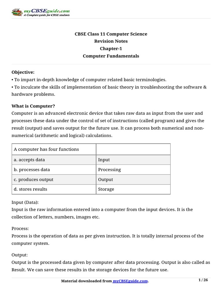 CBSE Class 11 Computer Science Revision Notes Chapter-1 Computer ...