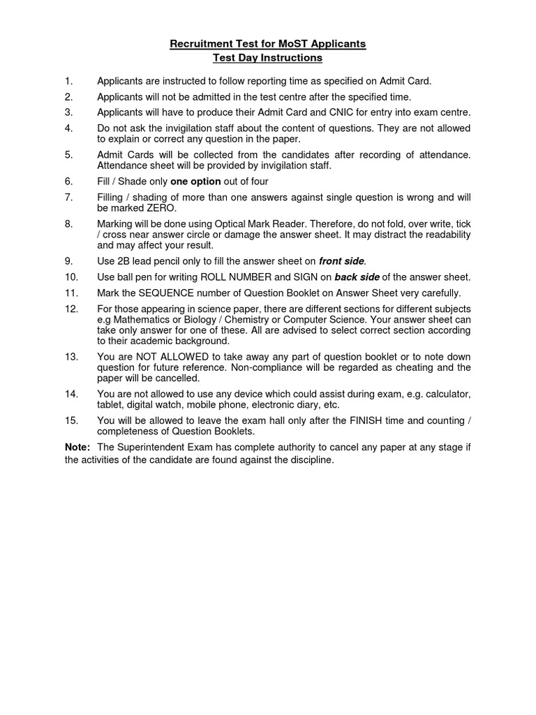 Recruitment Test For Most Applicants Test Day Instructions | PDF