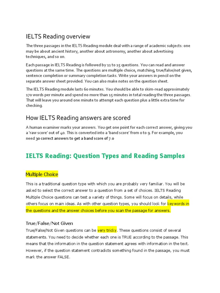 IELTS Reading Overview | PDF | Speed Reading | Question