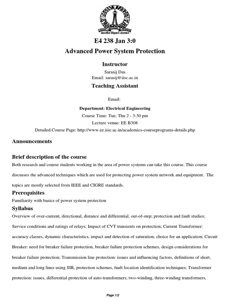 E4 238 Jan 3:0 Advanced Power System Protection: Instructor | PDF ...
