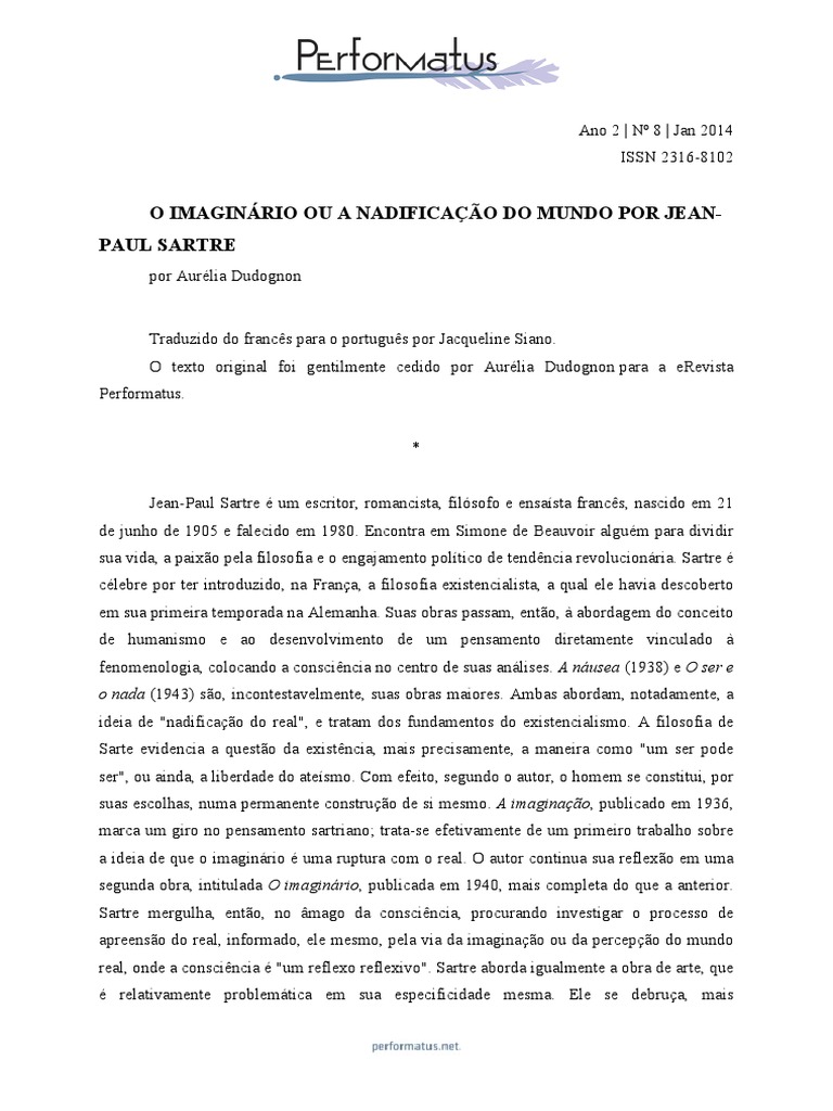 DUDOGNON. O Imaginário Ou A Nadificação Do Mundo Por Jean-Paul Sartre ...