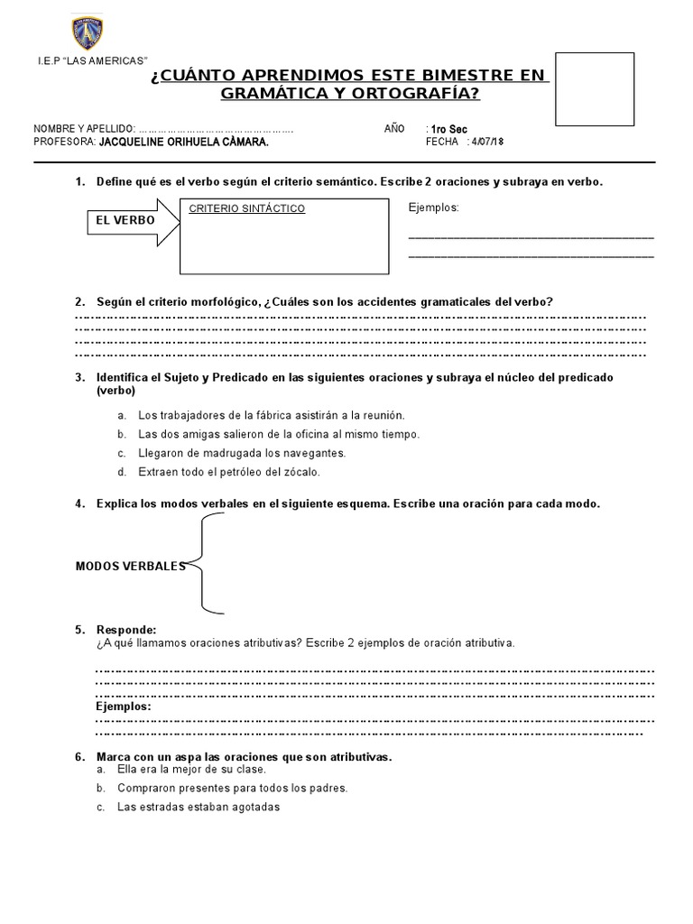 Gramatica 4to Examen | PDF | Predicado (Gramática) | Verbo