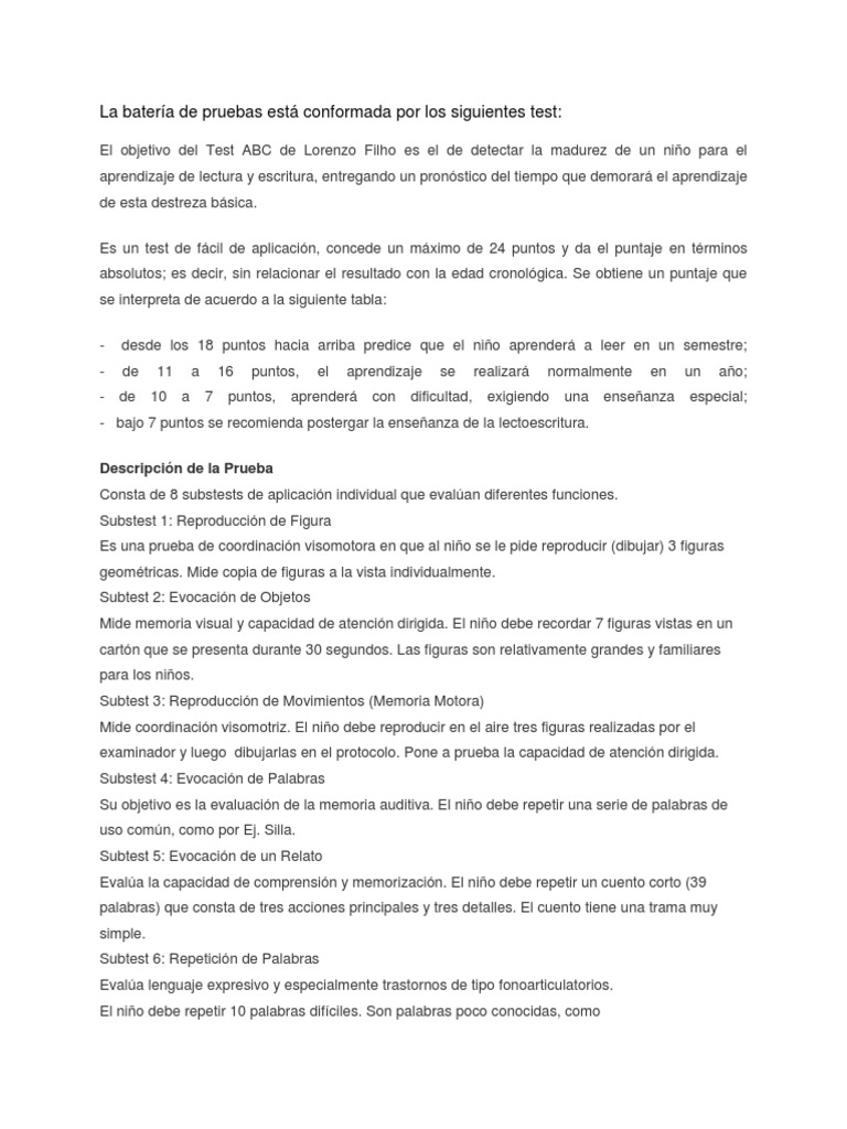 Test ABC de Filho | Descargar gratis PDF | Memoria | Procesos mentales