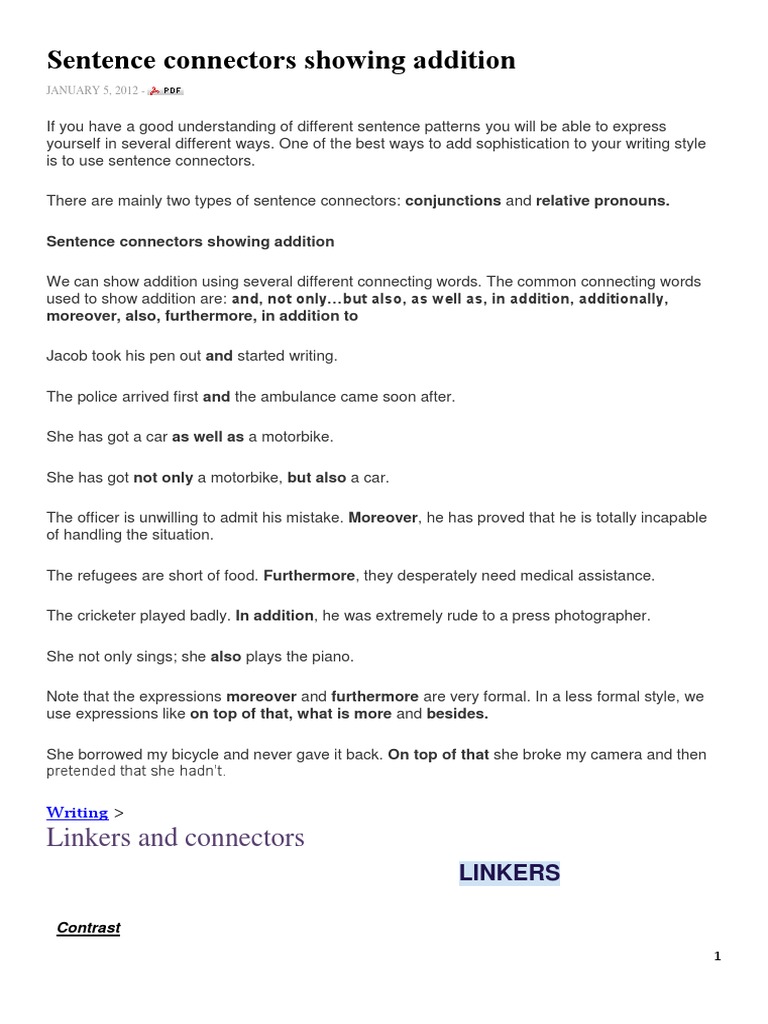 Sentence Connectors Showing Addition | Download Free PDF | Sentence ...