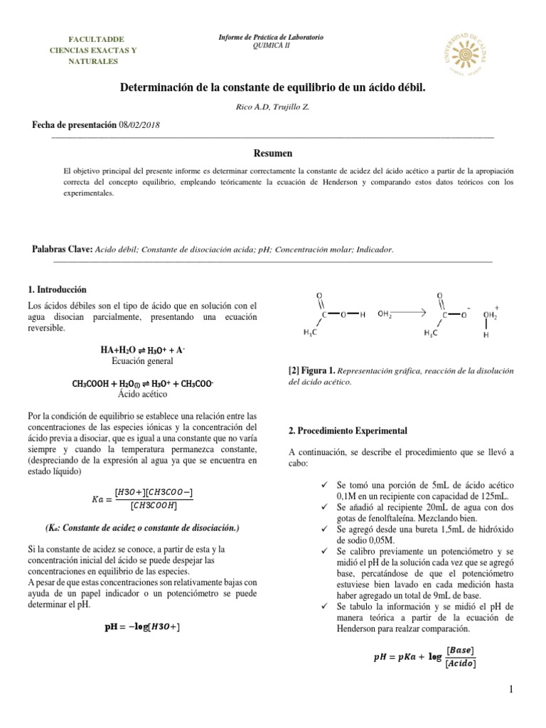 Constante de Equilibrio de Un Acido Debil | PDF | Equilibrio químico ...