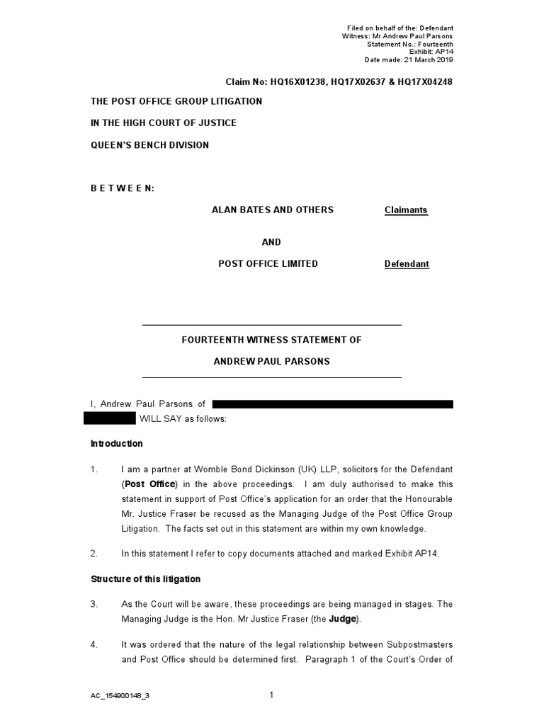 Horizon Trial: Witness Statement in Support of Recusal Application ...