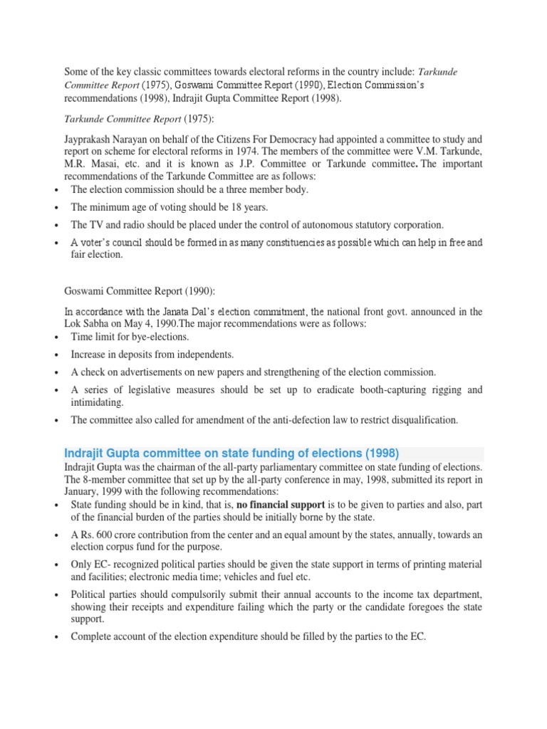 Committees Towards Electoral Reforms | PDF | Elections | Political Parties