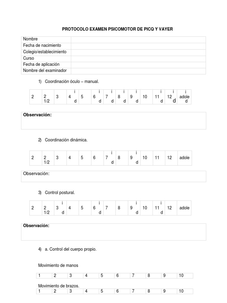 Examen Psicomotor Picq y Vayer | PDF | Naturaleza