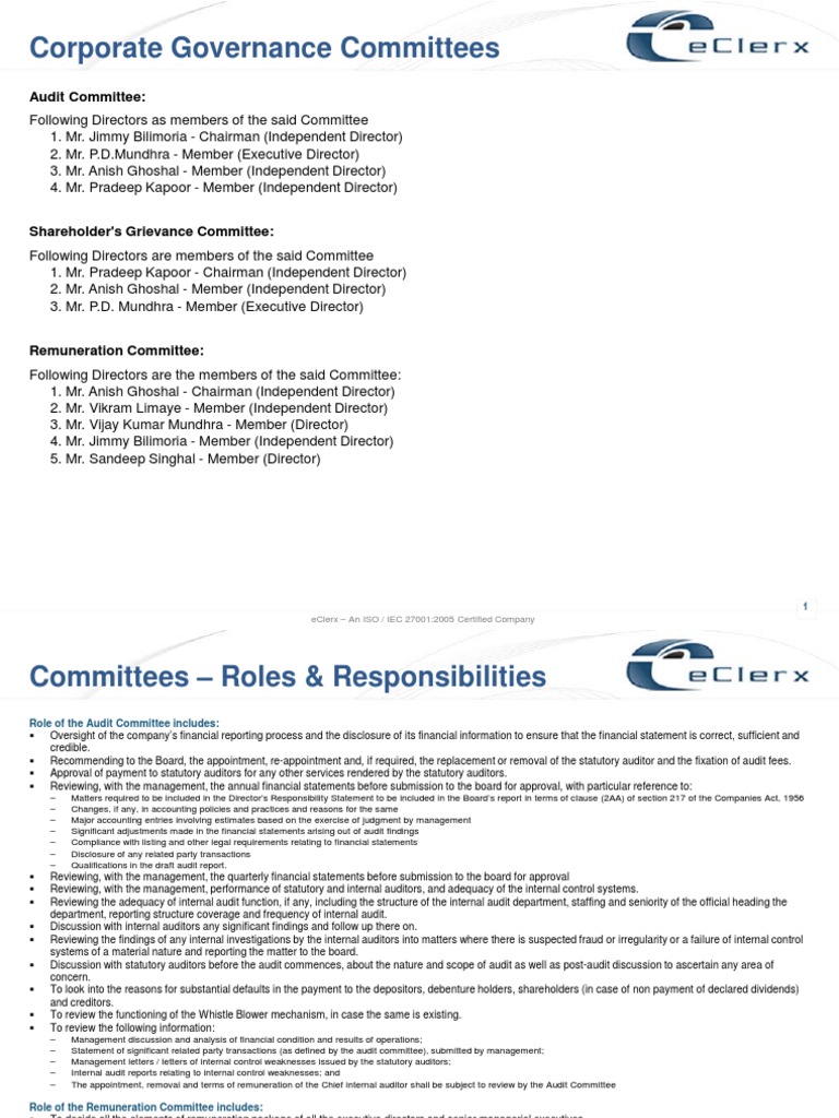 Corporate Governance Committees and their Roles | PDF | Internal ...