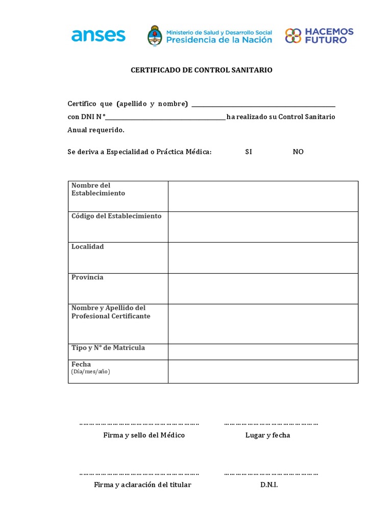 Certificado de Control Sanitario Anses | PDF
