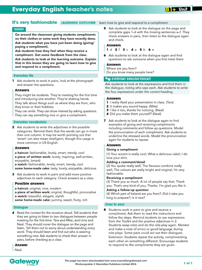 B1+ UNIT 1 Everyday English Teacher's Notes PDF | PDF | Question ...