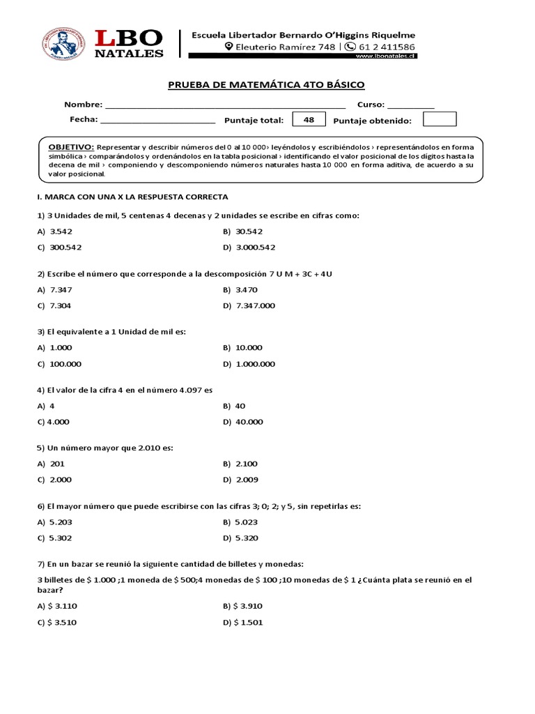 Prueba Numeración y Valor Posicional | PDF | Infografia | Convenciones ...