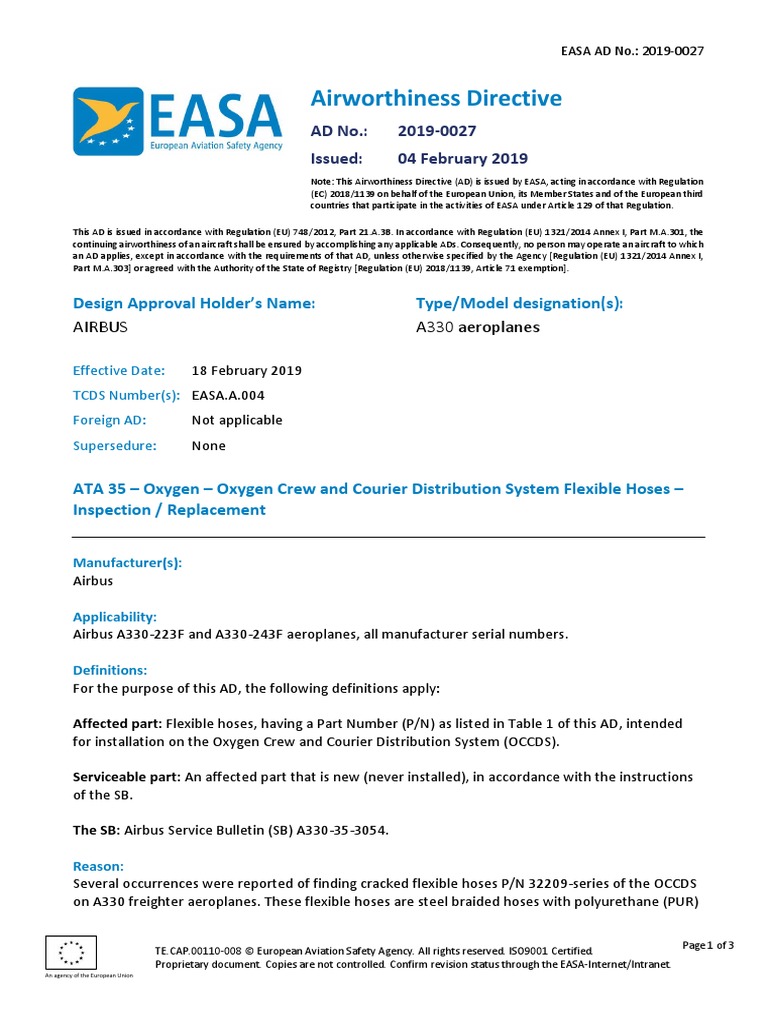 Airworthiness Directive: Design Approval Holder's Name: Type/Model ...