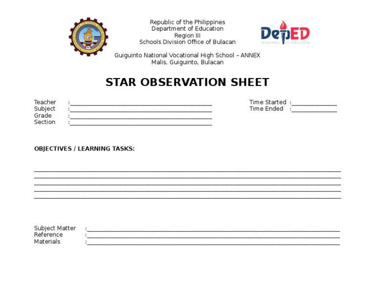 Star Observation Sheet: Objectives / Learning Tasks | PDF