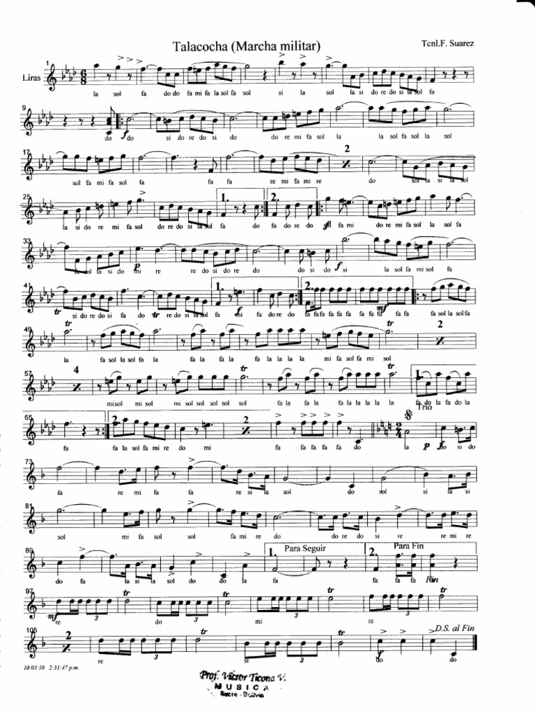 Talacocha (Marcha Militar) por Tcnl. F. Suarez: Partitura completa para ...