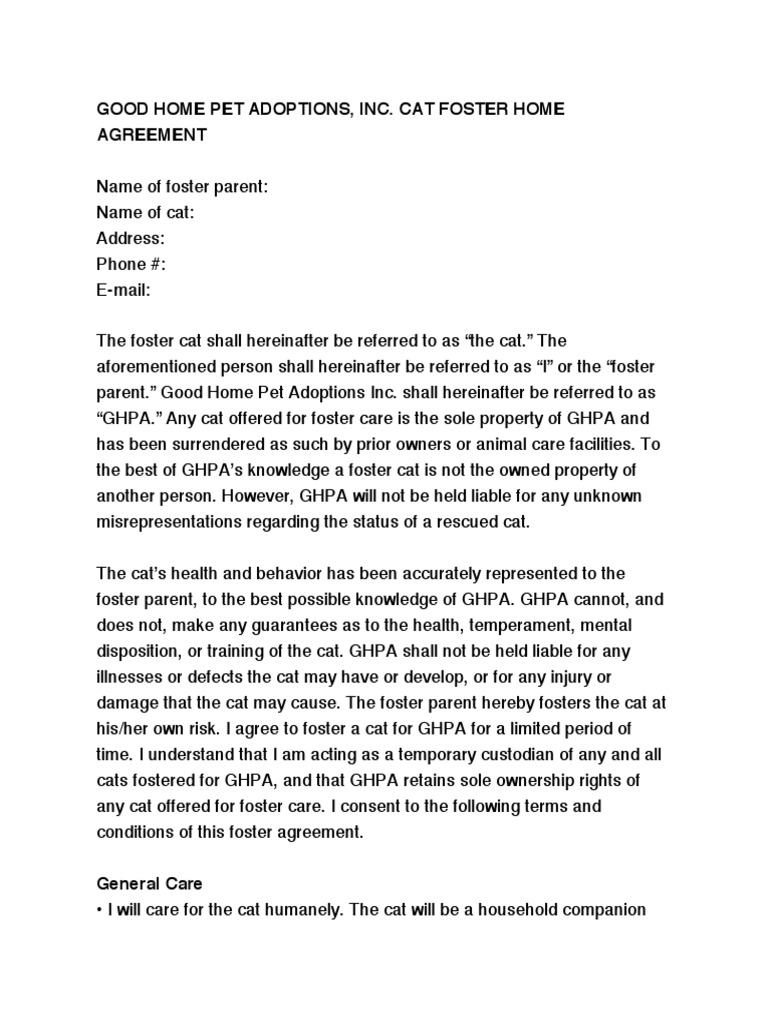 Good Home Pet Adoptions, Inc. Cat Foster Home Agreement | PDF | Cats | Pet