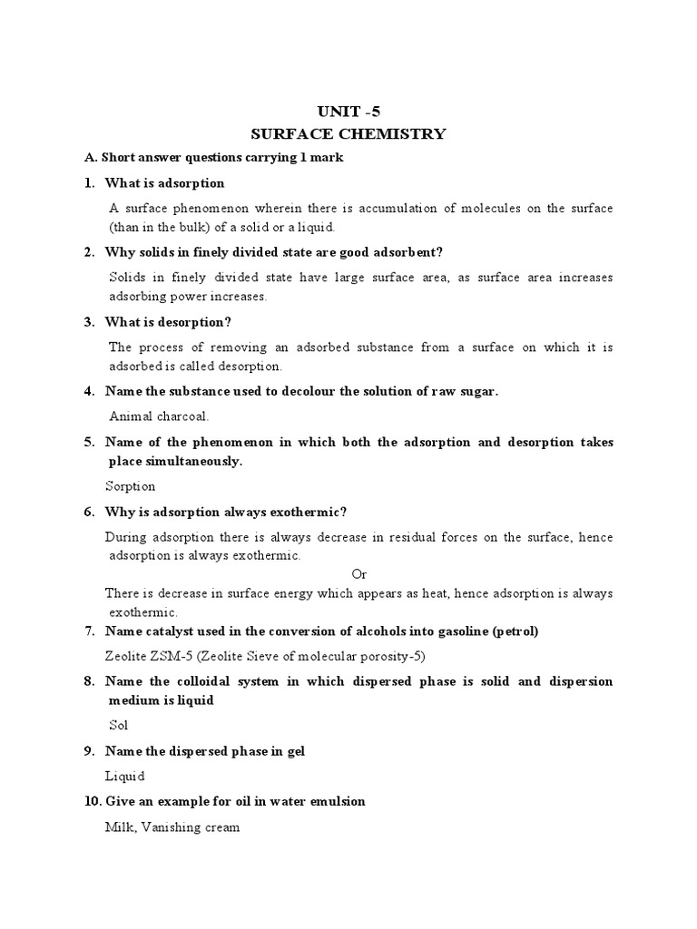 Unit - 5 Surface Chemistry | PDF | Catalysis | Adsorption