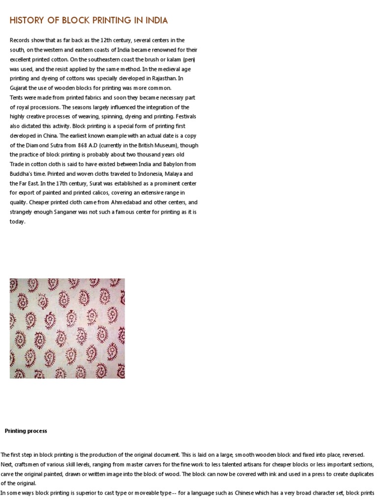 History of Block Printing in India PDF | PDF | Weaving | Printing