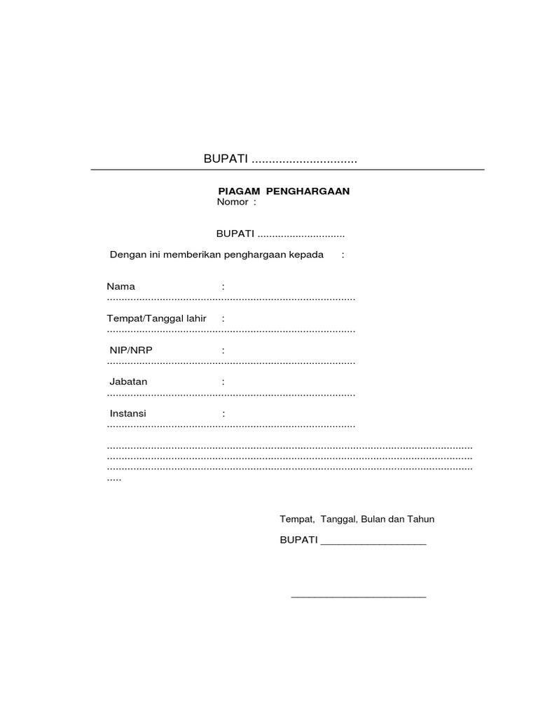 Template Piagam Penghargaan Bupati | PDF