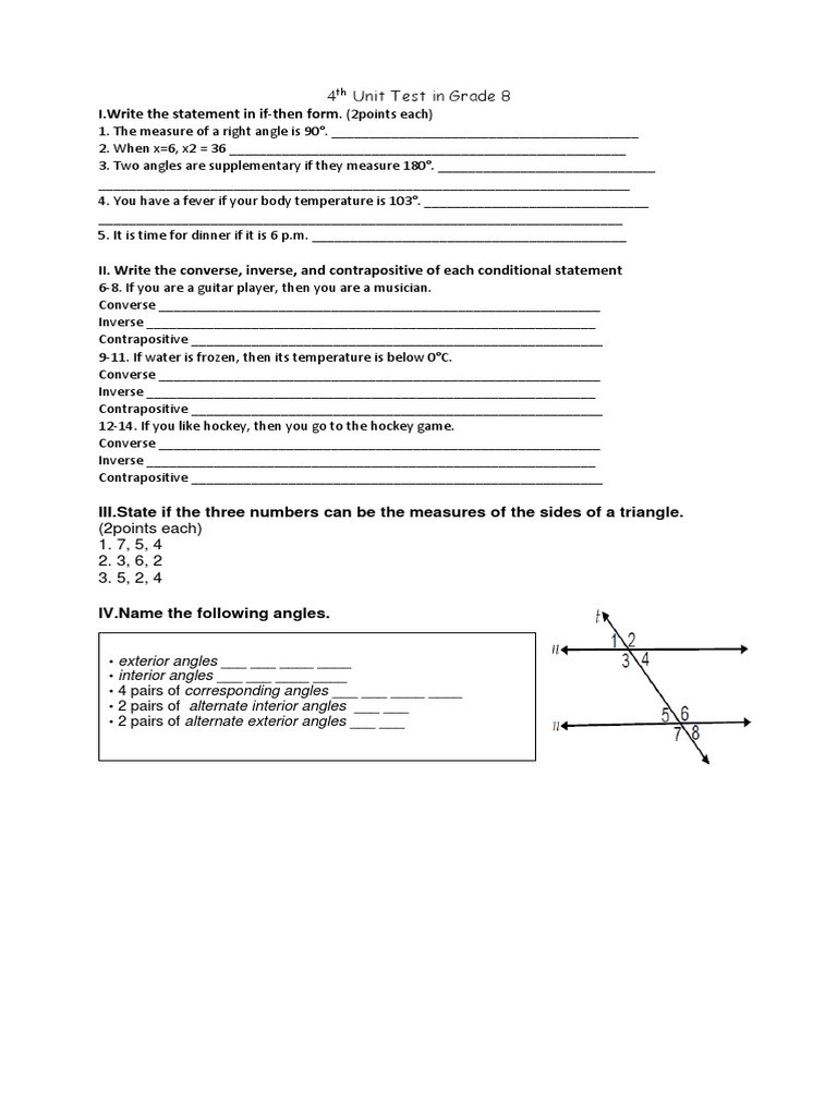 4 Unit Test in Grade 8: Write The Statement in If-Then Form | PDF ...
