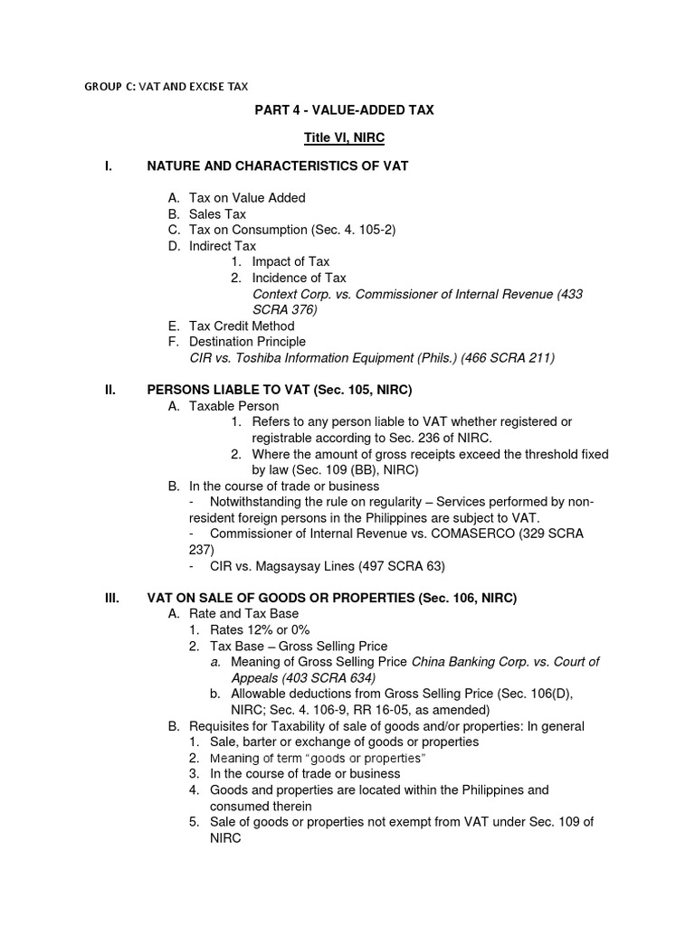 Part 4 - Value-Added Tax Title VI, NIRC I. Nature and Characteristics ...